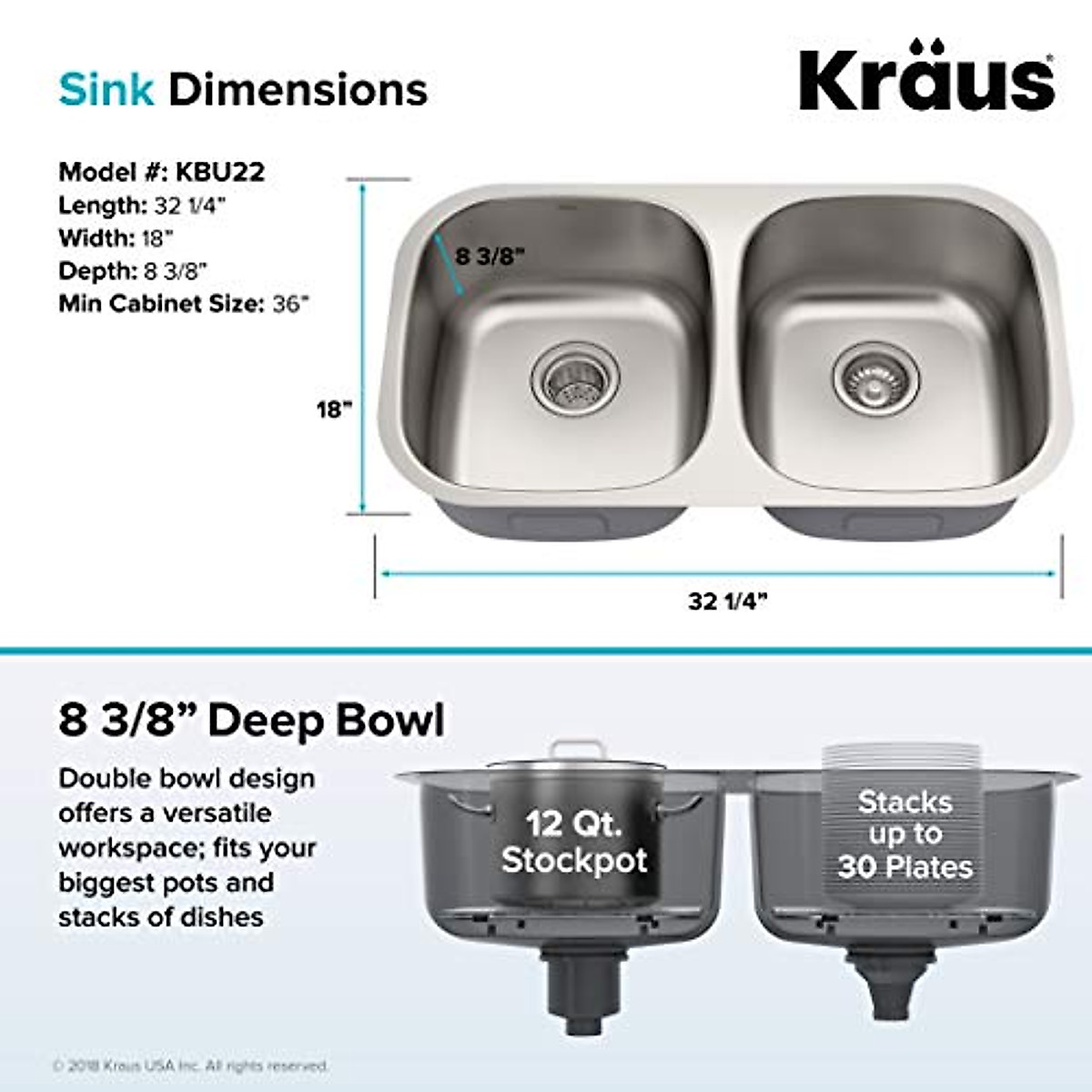 KRAUS Premier 32-inch 16 Gauge Undermount 50/50 Double Bowl Stainless Steel Kitchen Sink with WasteGuard™ Continuous Feed Garbage Disposal, KBU22-100-75MB