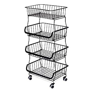 Fruit Vegetable Storage Basket for Kitchen - 4 Tier Stackable Metal Wire Baskets Cart with Rolling Wheels Utility Fruits Rack Produce Snack Organizer Bins