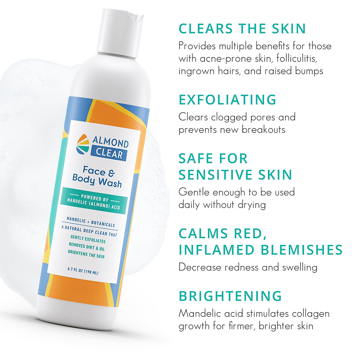 Almond Clear Face & Body Wash [6.7 Fl Oz] Skin Care for Acne and Folliculitis-Prone Skin - Gentle Everyday Exfoliating Cleanser with Mandelic Acid and Botanicals