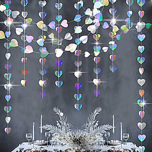 Fecedy 4 Pack Iridescent Love-Heart Garland Hanging Neon Streamers Banner for Birthday Bachelorette Baby Bridal Shower Engagement Valentines Decoration