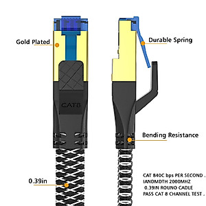 YSONG Cat 8 Ethernet Cable 6 FT, Outdoor&Indoor Nylon Woven High Speed Cat8 LAN Network Cable, SFTP RJ45 40Gbps 2000Mhz Ethernet Cable Patch Cord, for Modem/Router/Gaming,Supports Cat7/Cat6/Cat5