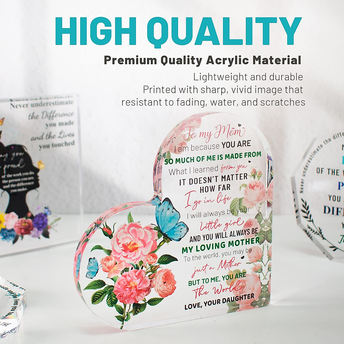 Mothers Day Gifts for Mom from Daughter, Mom Birthday Gift Ideas, Grateful Gift for Mother Butterfly Flower Desk Decor Acrylic Heart Sign Appreciation Gifts for Mom