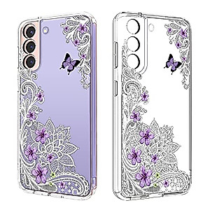 White Lace Case for Samsung Galaxy S21 FE 5G,Butterfly Floral Flower Pattern for Women Girl Glitter Clear Ultra Slim Soft Silicone TPU Protective Cover Compatible for Samsung Galaxy S21 FE 6.4INCH