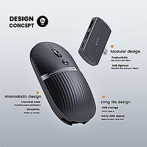 ProtoArc USB C Wireless Bluetooth Mouse, Multi-Device HubMouse for Business and Travel with Type C Hub Portable Silent Rechargeable Laptop Mouse for iPad, Tablet, MacBook, Surface Pro-Dark Gray
