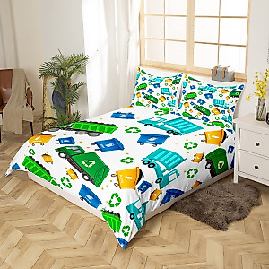 Feelyou Cartoon Garbage Truck Duvet Cover Green Trash Truck Bedding Set for Kids Boys Girls Teens Green Vehicle Car Comforter Cover Garbage Truck Toy Print Bed Set 2Pcs Zipper Twin Size (No Comforter)