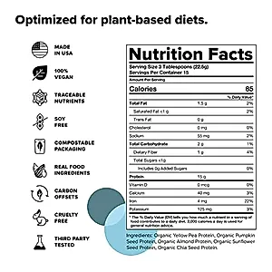 Complement Organic Unflavored Vegan Protein Powder (15 Servings) Low Carb, Low Calorie, Sugar Free, Soy Free, Non-GMO, Gluten Free, Non Dairy- Yellow Pea, Pumpkin Seed- 15g Plant Based Protein Powder