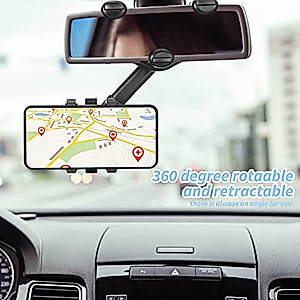 Rearview Mirror Phone Holder for Car, Universal 360° Rotating Rear View Mirror Phone Mount with Adjustable Arm Length, 8 Mask Holder for Car Multifunctional Phone and GPS Holder for Most Smartphones