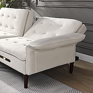 MIYZEAL Convertible Sleeper Sofa with Charging Ports, Velvet Tufted Upholstered Futon Sofa Bed with Adjustable Backrest & Armrest, Modern Loveseat Couch for Living Room Apartment Office (Beige)