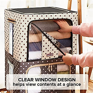 Oxford Fabric Storage Box with Steel Frame,Foldable Stackable Container Organizer with Large Window & Carry Handles Bedroom Closet Organization for Clothes Bedding Sheets Blanket Pillow Brown-66L