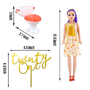 30 PCS 21 Styles Mini Wine Bottles Cake Toppers With 6 Mini Wine Glasses 1 Plastic Miniature Toilet Toy 1 Beauty Doll 21st Birthday Cake Topper for Celebrating Birthday 21 and Up Girl Party