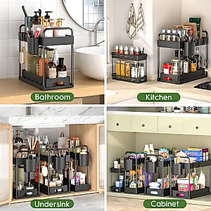 2 Pack Under Sink Organizer- 2 Stackable Rack Organizer Tier Bathroom Under the Sink Organizers Multi-Usage Kitchen Cabinet Organizers and Storage Bath Shelf Baskets w 4 Hanging Cup and 5 Hooks, Black