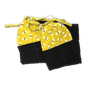 Set of 2 Bees Honey Bumble Black White on Yellow Reversible Ties on Stays Put Kitchen Bathroom Hanging Loop Hand Dish Towels