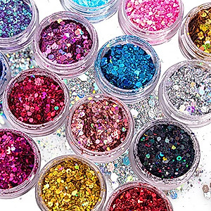 Face Glitter Makeup, Holographic Chunky Face Body Glitter, Glitter Eyeshadow Cosmetic Laser Powder for Face Hair Nails, Festival Body Glitter Makeup