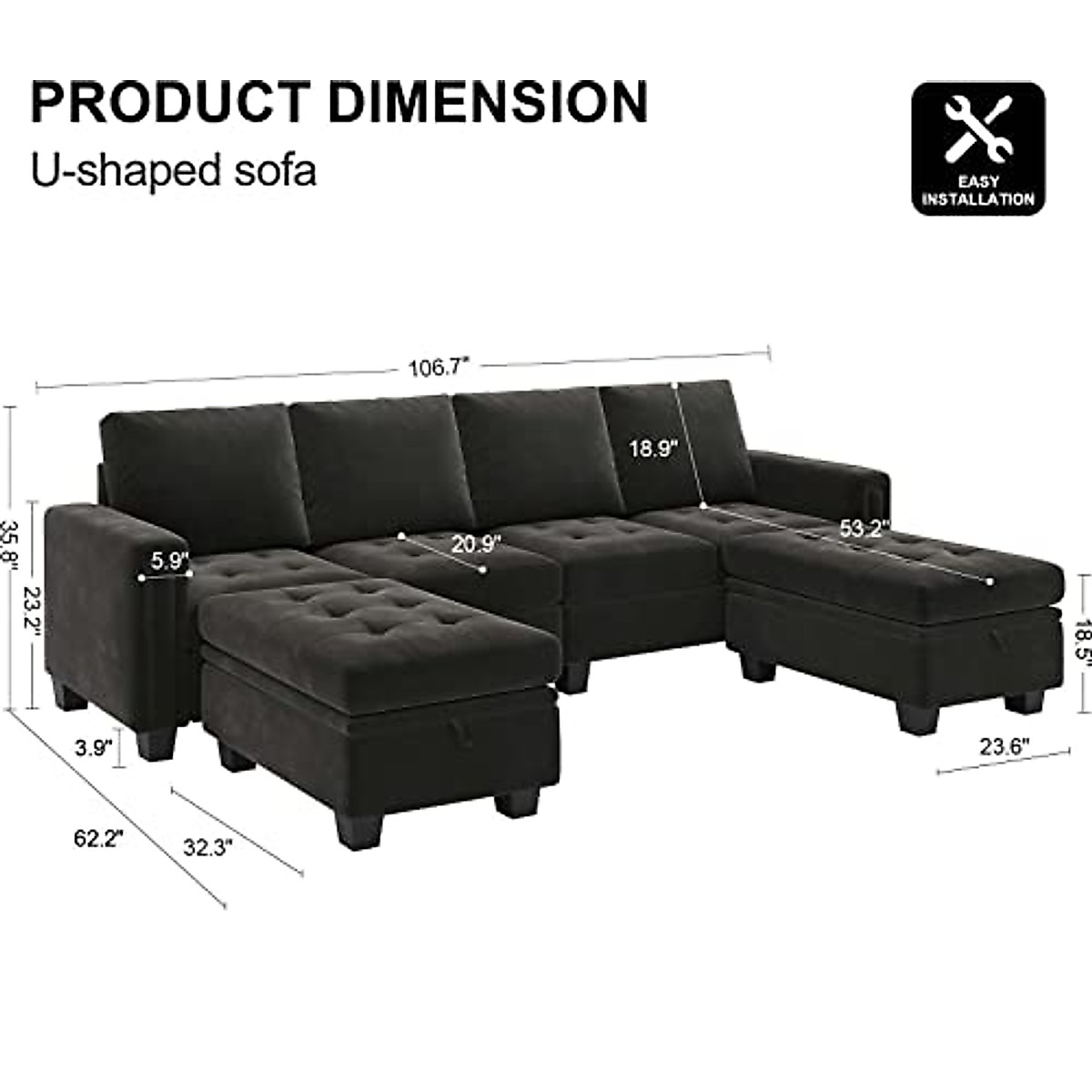 Belffin Velvet U Shaped Sectional Sofa Couch with Storage Ottoman Convertibel Sectional Sofa with Reversible Chaises Grey