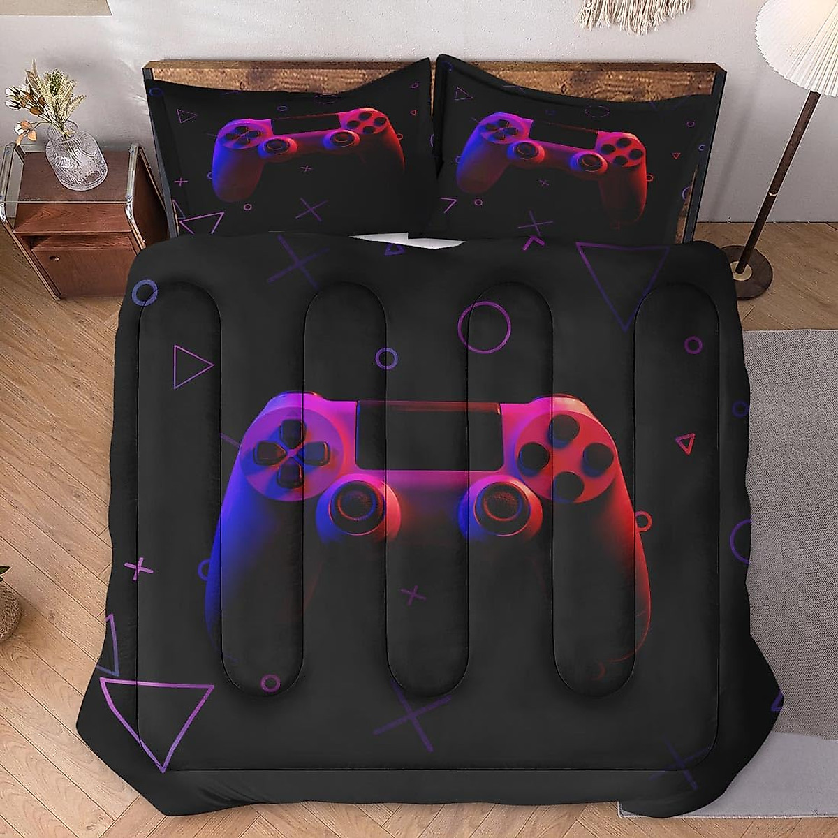 WeCozy Twin Size Comforter Set with Pillowcase, Red Gamepad Gaming Neon Game Soft Bedding Set for Kids and Adults Bedroom Bed Decor
