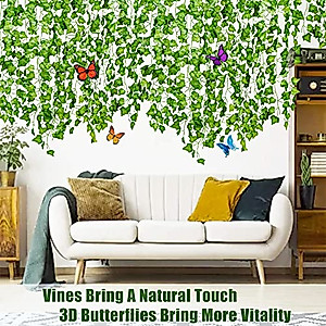Fascidorm 5Pcs 35Ft Fake Vines for Bedroom with 12Pcs 3D Butterflies, Fake Ivy Vines for Room Decor with Fake Leaves, Artificial Greenery Ivy Garland for Wall Decor, Hanging Green Plant