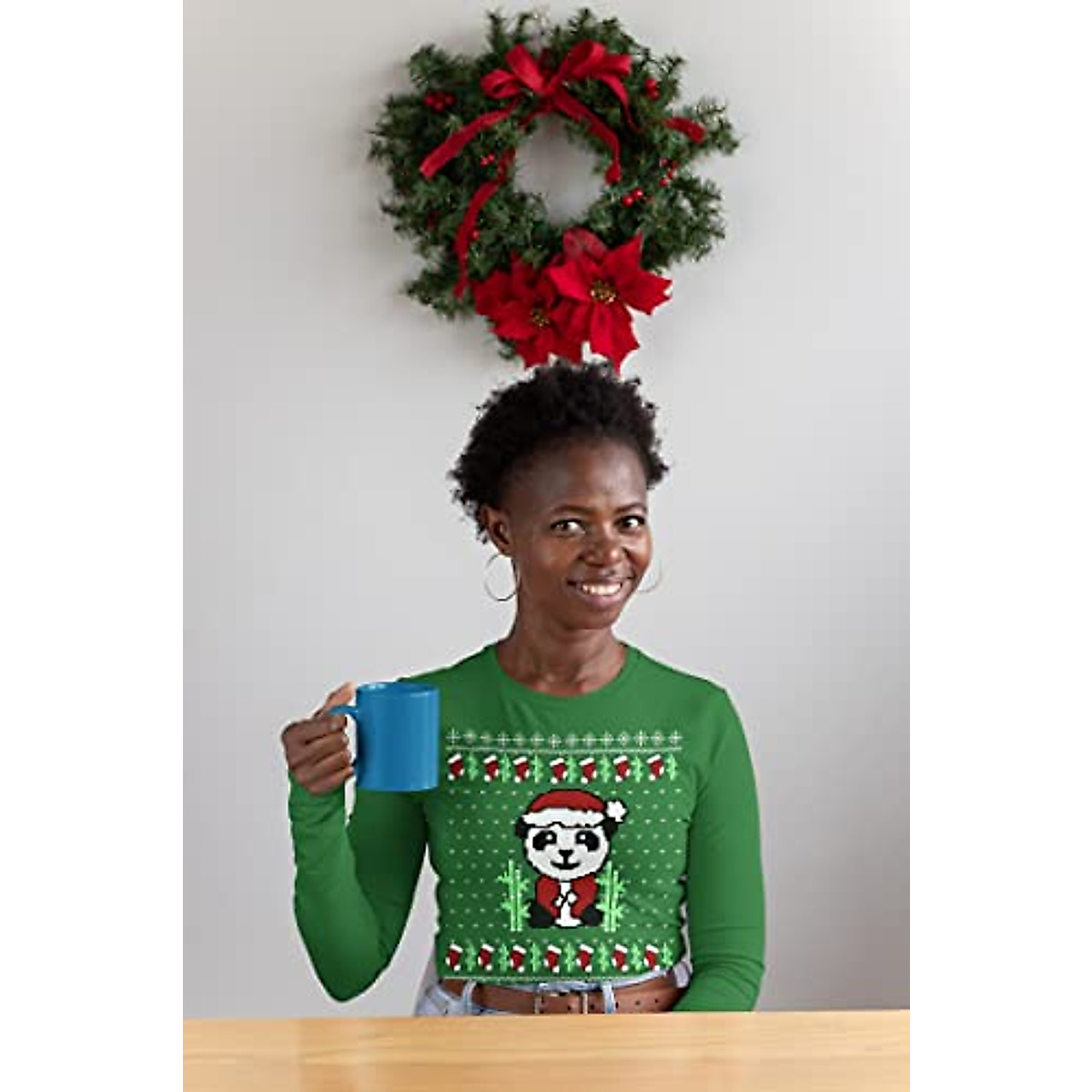 Animal World Ugly Christmas Shirts for Women, Adults Xmas T Shirt, Long Sleeve Panda Tee, Holiday Graphic Tees, Festive Tops Ideal for Parties and Seasonal Casual Wear, Green, Large