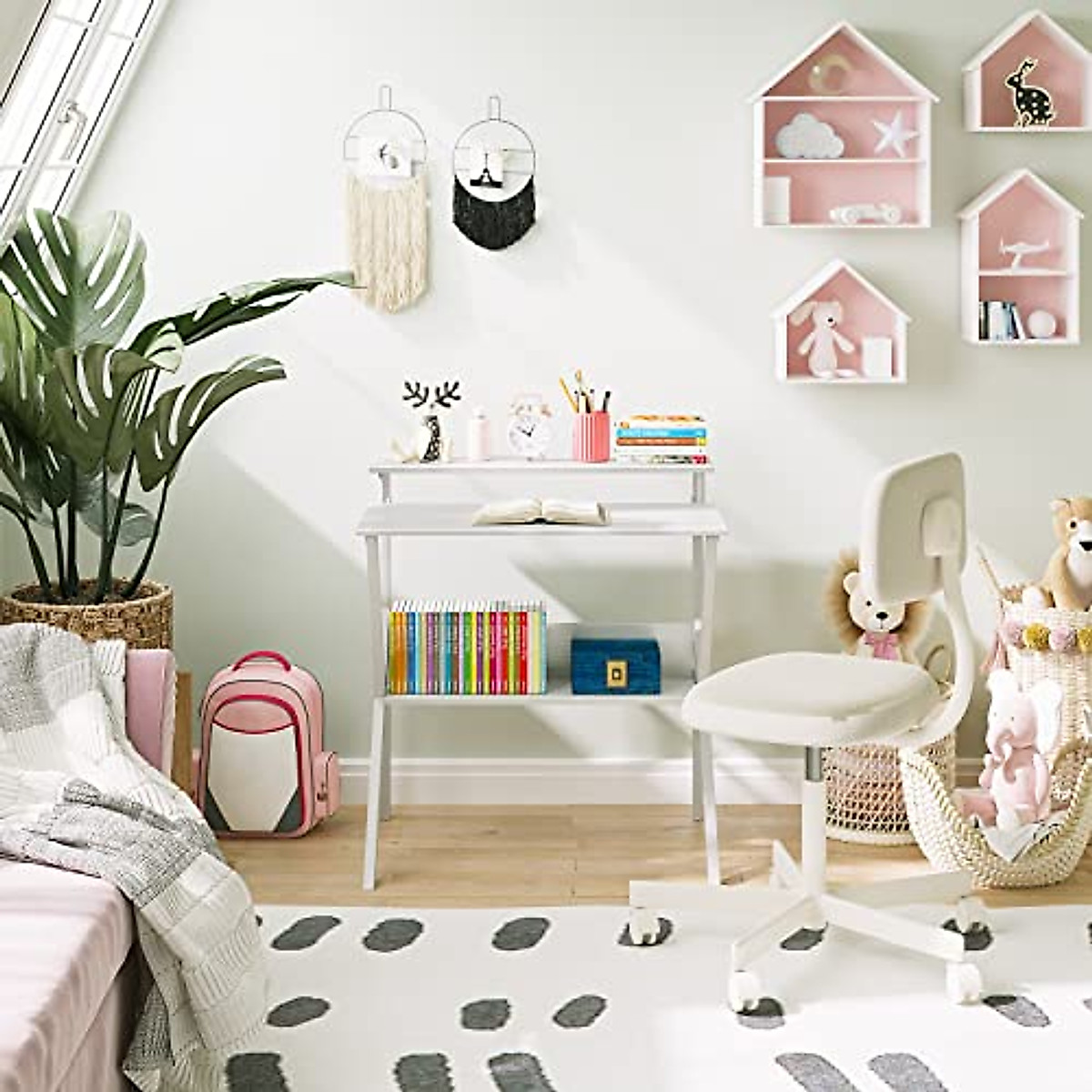 ODK Small Computer Desk, 27.5 inch Desk for Small Spaces with Storage, Compact Table with Monitor & Storage Shelves for Home Office, Modern Style Laptop Desk, Pure White