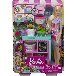 Barbie Florist Doll & Playset, Flower-Making Station with Molds, 3 Dough Colors & Accessories, Blonde Fashion Doll