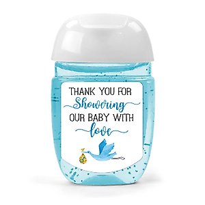 Hand Sanitizer Labels Thank You for Showering Our Little One with Love Stickers, Baby Shower Favor Party Favors Boy., Blue,1.26inches x 1.39inches