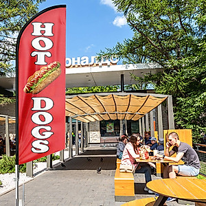 Hot Dogs Swooper Flag, Hot Dogs Feather Flags and Pole, Hot Dog Food Restaurant Advertising Swooper Flag Pole Kit with Ground Stake, Advertising Feather Banner Sign for Hot Dogs Business 11Ft (Red)