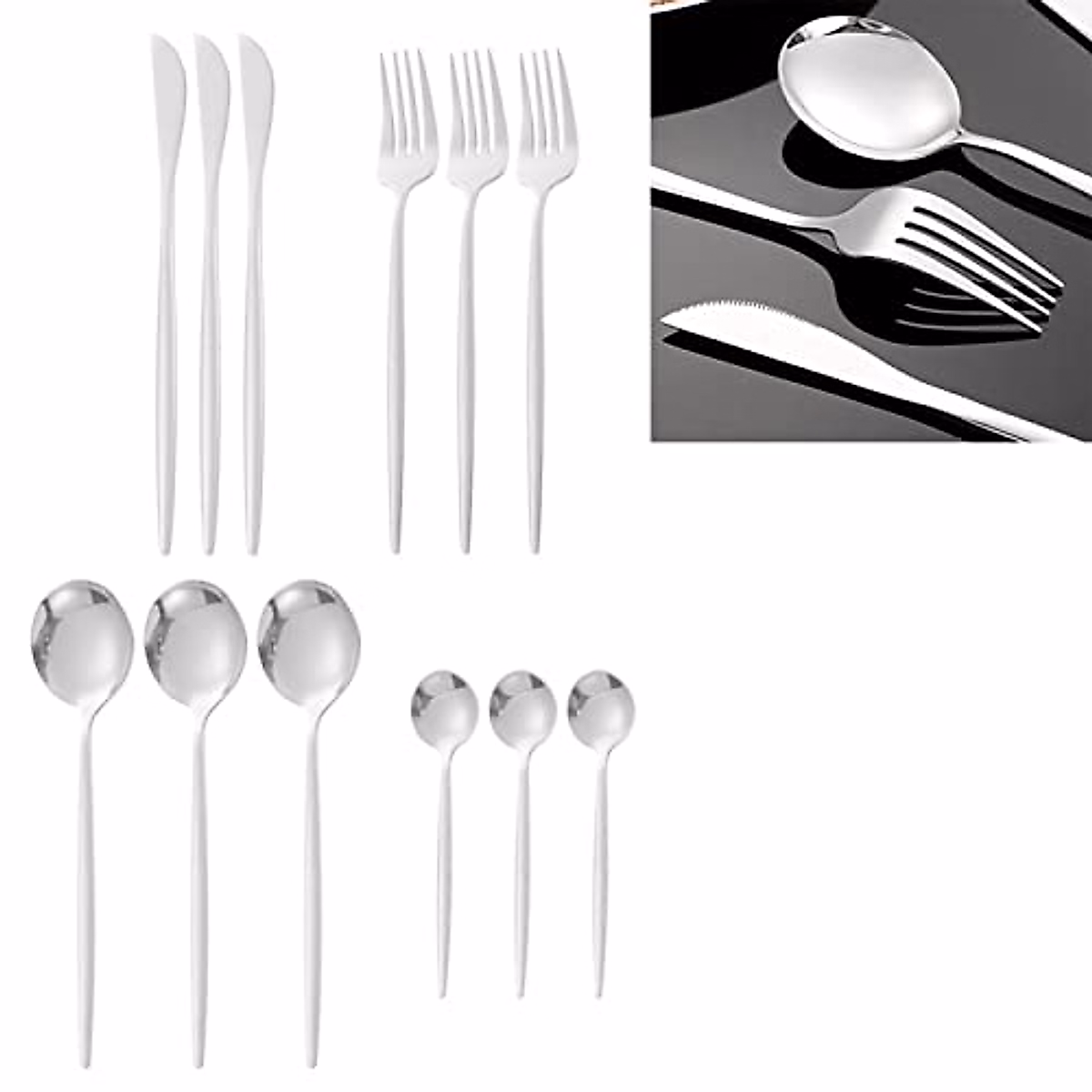 12pcs Tableware Set, 410 Stainless Steel Flatware Set Spoons Knives Forks with Comfortable Long Handle, Elegant Minimalist Appearance Cutlery Set for Picnics Camping Travel (silver)