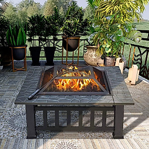 Anraja Fire Pit 32'' Wood Burning Firepit Metal Square Outdoor Fire Tables Steel BBQ Grill Fire Pit Bowl with Spark Screen Cover, Poker Log Grate for Patio Bonfire Camping Backyard Garden Picnic