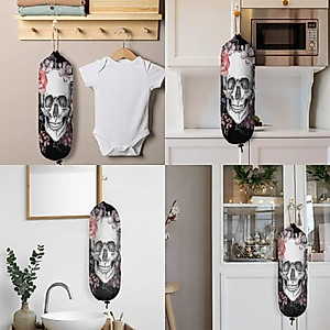 Skull Flower Plastic Bag Holder, Day of The Dead Grocery Bag Storage Holder Hanging Garbage Shopping Bag Trash Bags Organizer for Kitchen Home