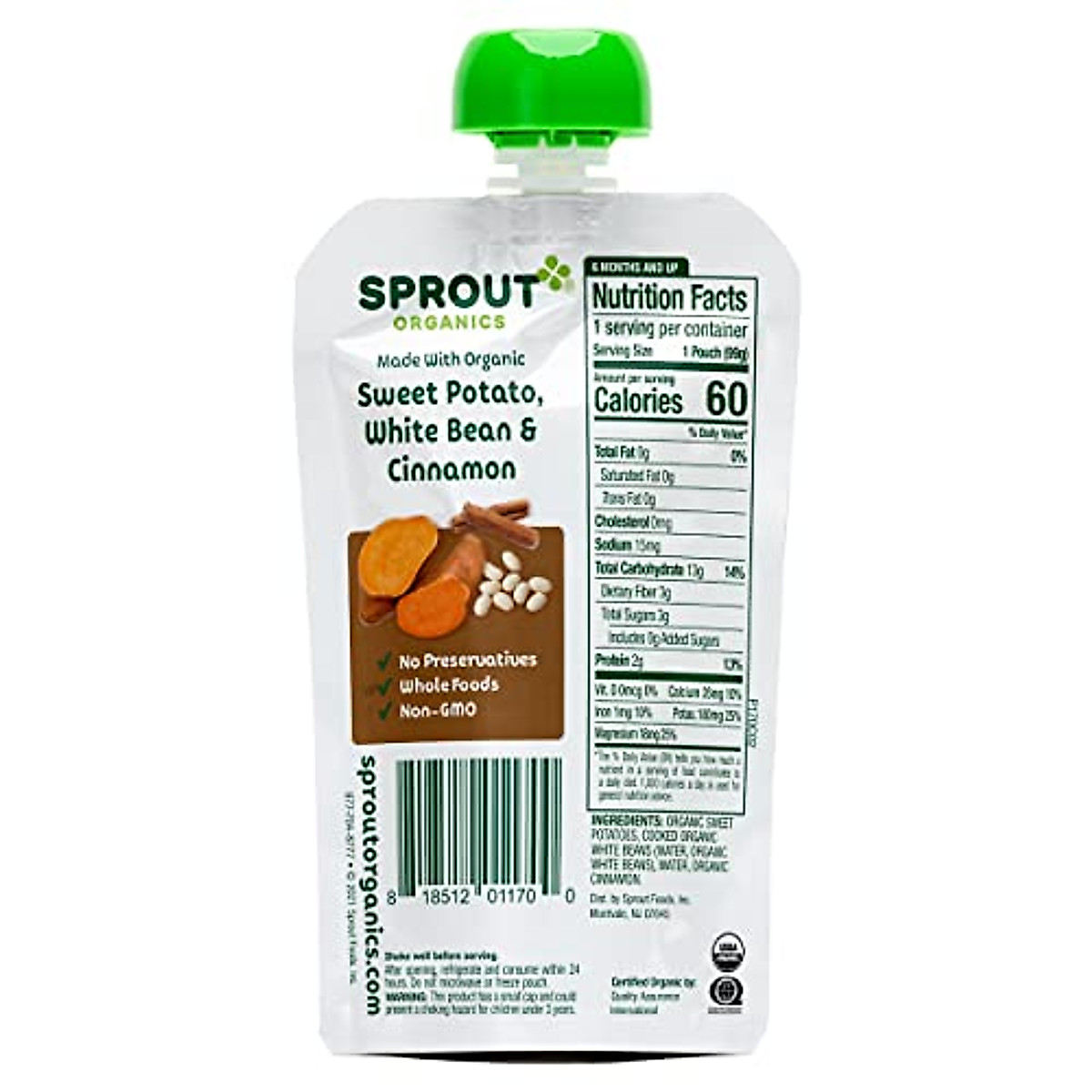 Sprout Organics, Sweet Potato, White Beans & Cinnamon, 6+ Month Pouches, 3.5 oz (12-count)