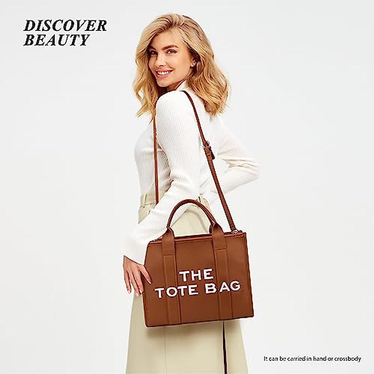 EIMMBD Tote Bag for Women, PU Leather Tote Bag with Zipper, Women's Tote Handbags Crossbody Bags for Work,Travel (Brown, Large)