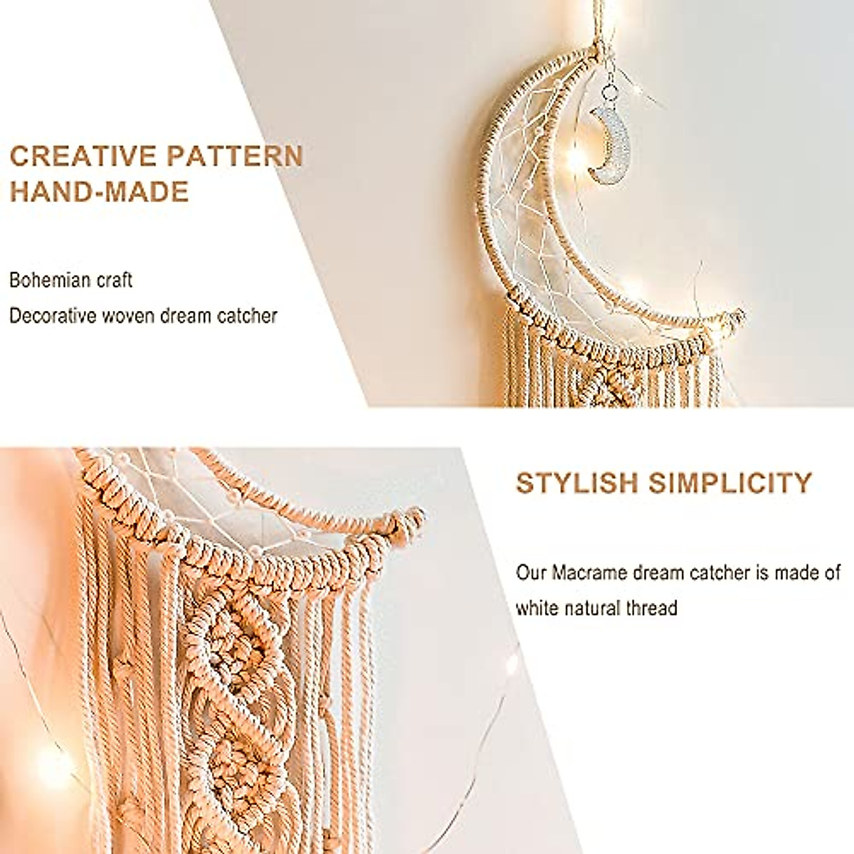MGahyi Moon Star Dream Catcher Decor,Macrame Woven Dreamcatcher with Light,Bohemian Wall Hanging Decoration,Bedroom,Home Decoration (Moon White)