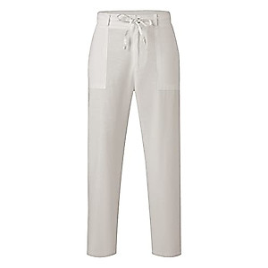 JMIERR Mens Casual Linen Pants Loose Fit Straight Legs Lightweight Elastic Waist Drawstring Trousers Summer Beach Yoga Pant Baggy US 34(M) White