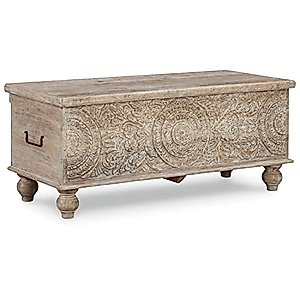 Signature Design by Ashley Fossile Ridge Boho Carved Wood Storage Bench with Hinge Top, Beige