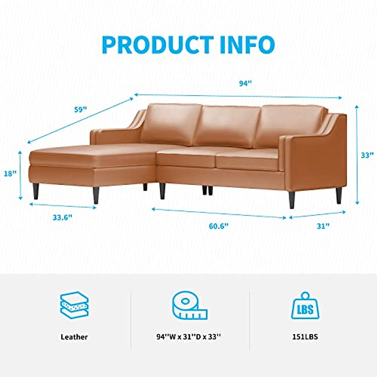 Mjkone Top Grain Leather Sectional Sofa Couch, Luxurious Upholstered Couches with Left Facing Chaise, Modular Lounge ＆ 2-Seater Couch Set for Living Room Apartment Office (Cognac Tan)
