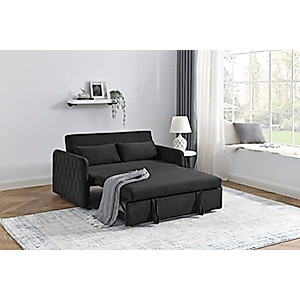 HomSof 2 Pillows and Living Room Adjustable Backrest, Grid Design Armrests 55" Modern Convertible 2 Detachable Arm Pockets, Velvet Loveseat Sofa with Pull Out Bed, Style B, Black