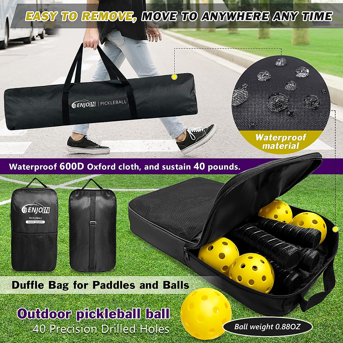 ENJOIN Pickleball Net Portable Outdoor - 22FT Regulation Size Set Driveway Pickleball Set with Net, Pickleball Nets and Accessories Included 4 Premium Wood Pickleball Paddles, 4 Outdoor Pickleballs