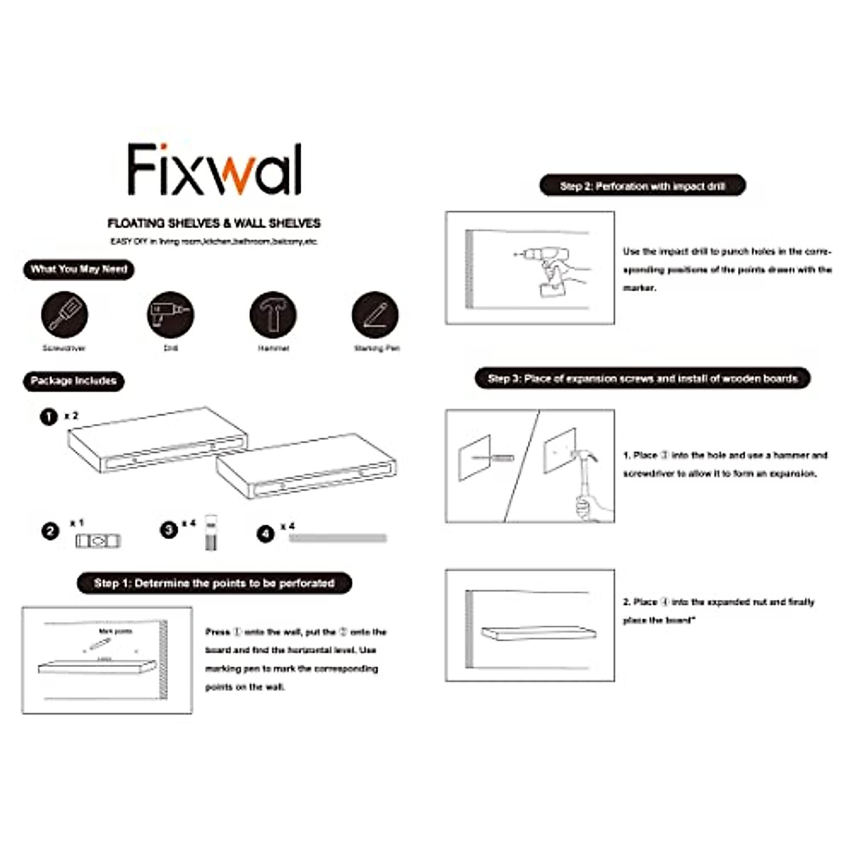 Fixwal White Floating Shelves, Set of 2 Wall Shelves, Large 23.6in x 6in Wall Mounted Shelf for Bedroom, Living Room, Bathroom and Plants