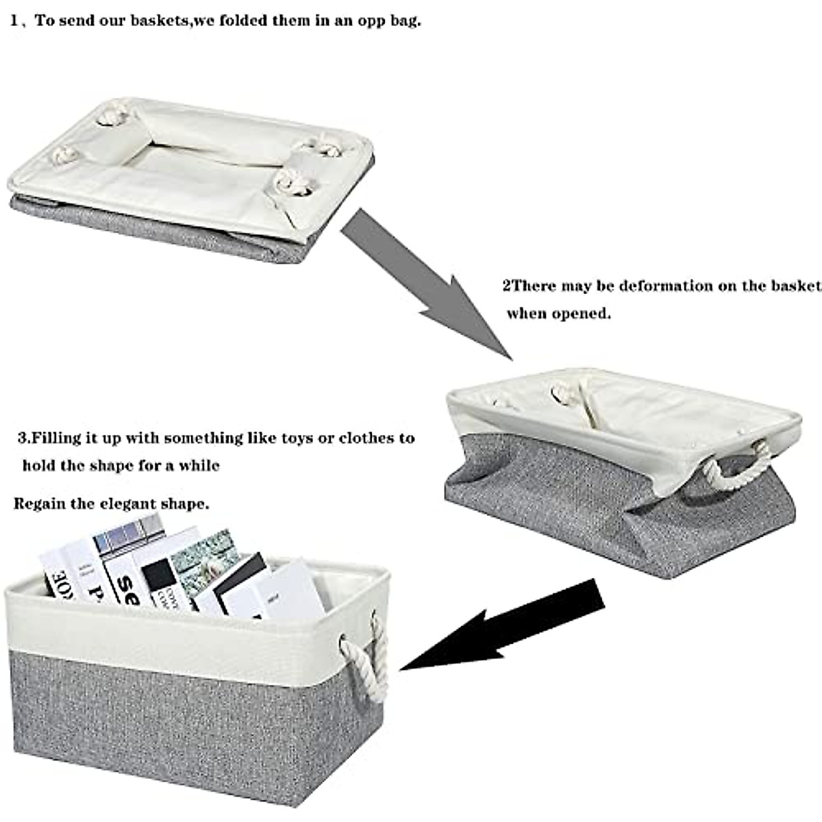 Hiwxyza Large Fabric Storage BoxesToy Baskets, Decorative Baskets with Handles, Collapsible Baskets for Organizing, Storage Baskets for Shelves, Toys, Clothes, Office (Grey/ White, 3 Pack)