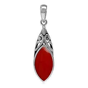 Silvershake 14X7mm Created Marquise Shape Red Coral 925 Sterling Silver Filigree Solitaire Pendant
