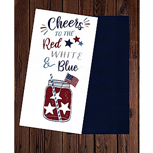 Patriotic Kitchen Towel Set - Red White and Blue Dual Cotton Terry Dishtowel Decorated with Mason Jar Drink, American Flag for 4th of July, Memorial Day,