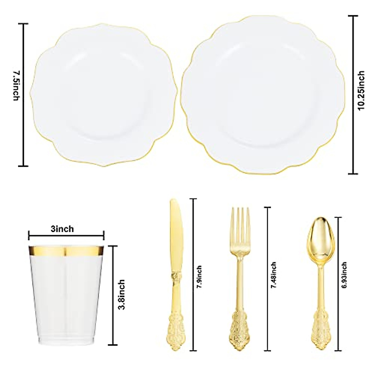 BUCLA 180 Gold Plastic Plates with Disposable Plastic Silverware include 30 Dinner Plates, 30 Salad Plates, 30 Forks, 30 Knives, 30 Spoons,30Cups for Wedding and Thanksgiving Party