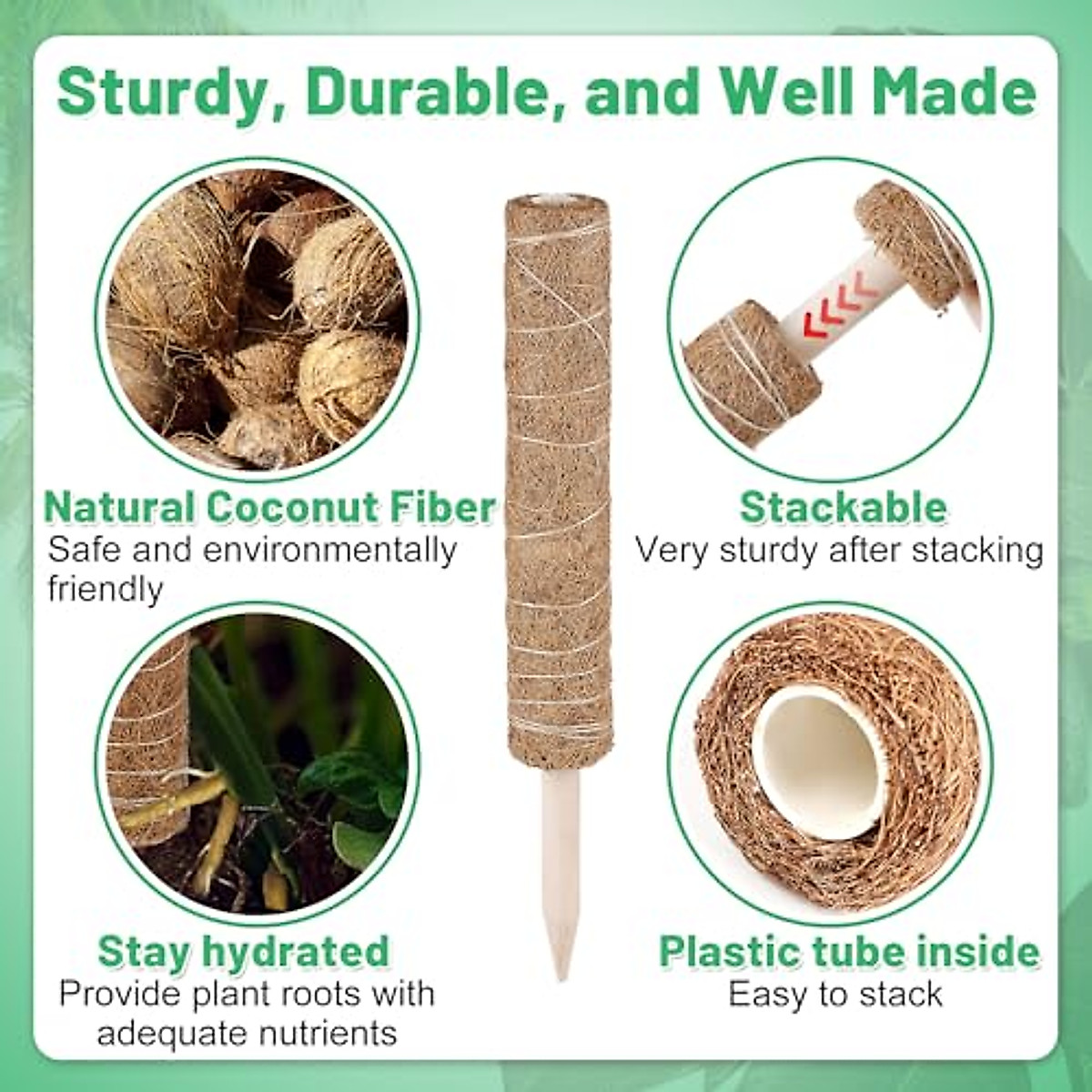 68'' Total Moss Monstera Pole Plants Support for Indoor Climbing Plants- Stable Stackable Coco Coir Stakes for Potted Plants, Easy to Use (6 Pack)