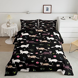 Cute Ferret Bedding King Pink Cherry Blossoms Comforter Set for Girls Women, White Brown Ferrets Down Comforter Chic Flower Floral Bedding Comforter Sets, Black Green Duvet Insert Super Cozy
