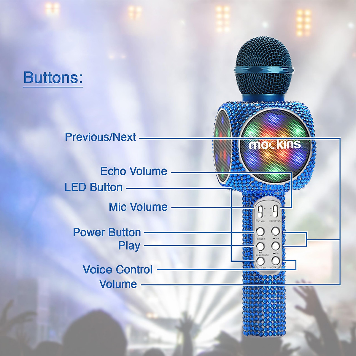 Mockins Blue Bling Karaoke Microphone for Kids | Wireless Mic with Voice Changer & LED Lights | Portable Microphone for Singing w/ Cable & Carry Case