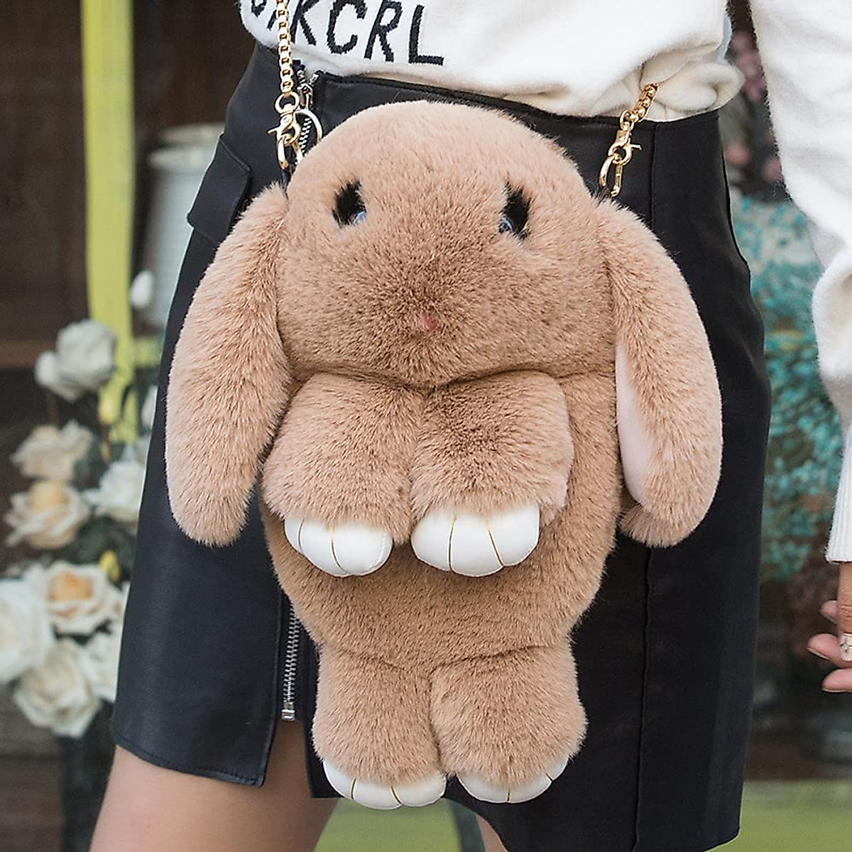 YUNPLAN Faux Rabbit Fur Crossbody Handbag Shoulder Bag with Kawaii Bag Keychain, Stuffed Animal Backpack for School Girls, Easter Gifts for Toddlers Backpack for Girls Women (Red wine)