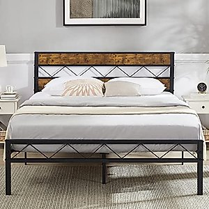 VECELO Queen Metal Platform Bed Frame with Rustic Vintage Wooden Headboard, Heavy Duty Metal Slats Support, Platform Mattress Base No Box Spring Needed, No Noise, Easy Assembly
