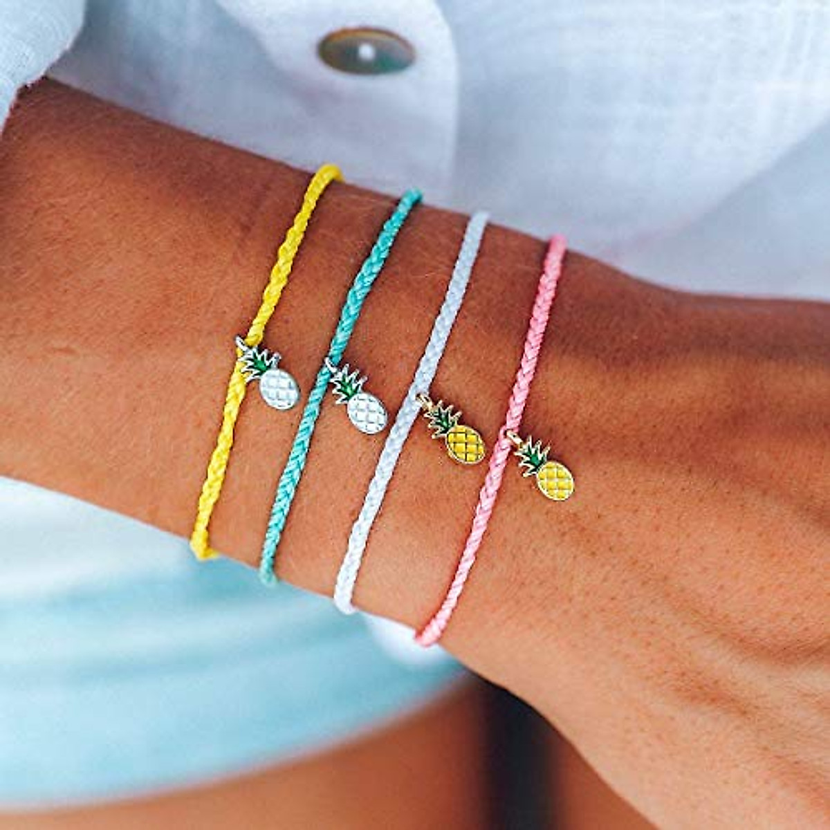 Pura Vida Gold Pineapple Enamel Charm Bracelet - Adjustable Band, 100% Waterproof - White