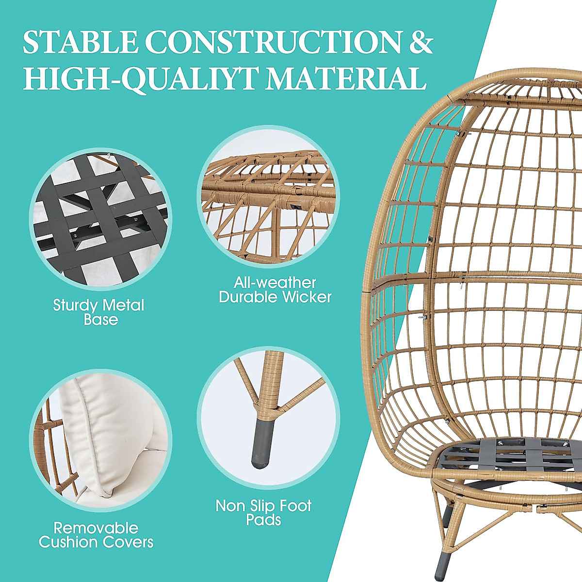 HLNPTN Patio Egg Chair Wicker Outdoor Egg Basket Chairs, Oversized Outdoor Furniture PE Rattan Patio Lounge Chair 440lb Capacity Sofa Seat with Stand & Beige Cushions for Indoor, Living Room, Backyard