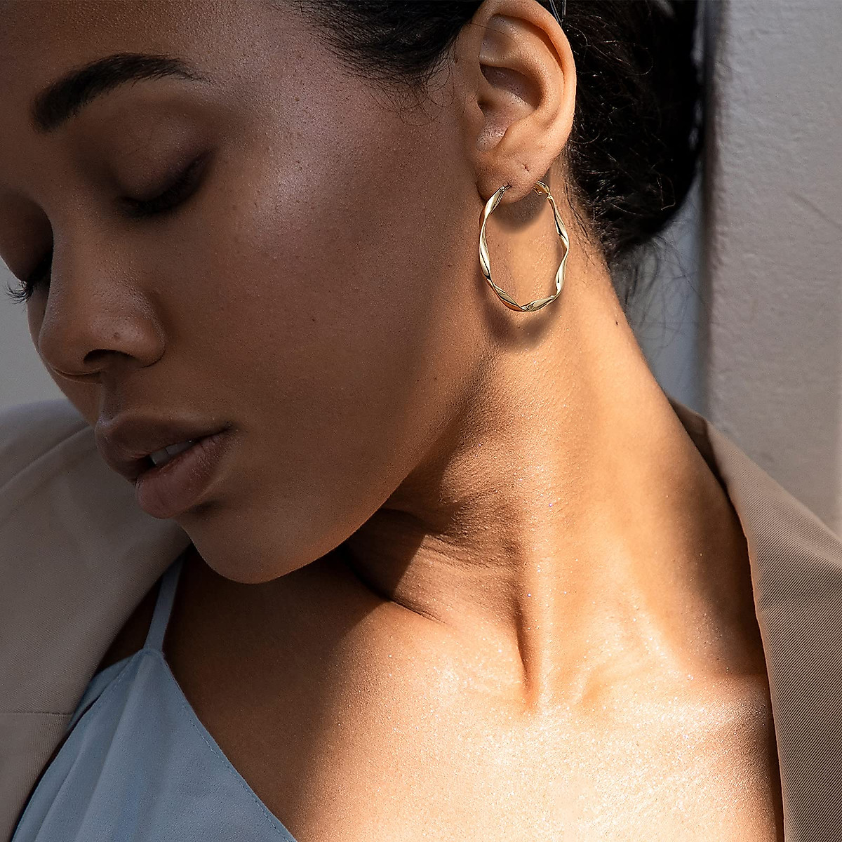 SWEETV 14K Gold Plated Hoop Earrings for Women 40mm Twisted Big Hoops 925 Sterling Silver Post Earrings Sensitive Ears