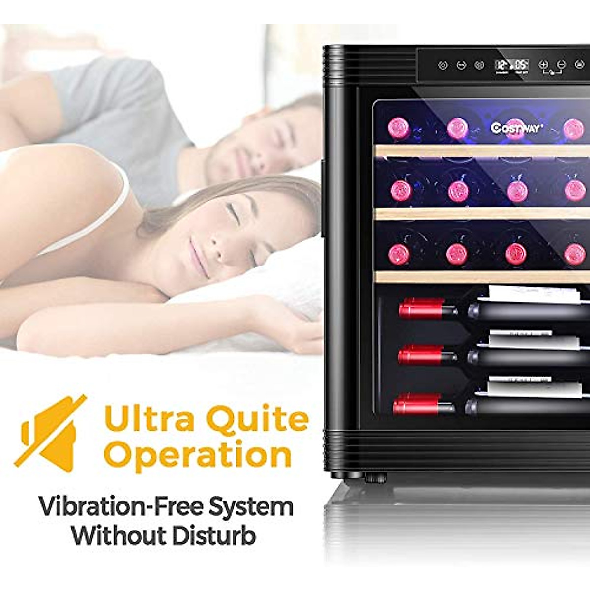 Nightcore Wine Cooler, 24 Inch Wine Fridge for 21 Bottles, Freestanding Wine Refrigerator with Digital Temperature Display, Wooden Shelves, Glass Door, Built-in LED Light